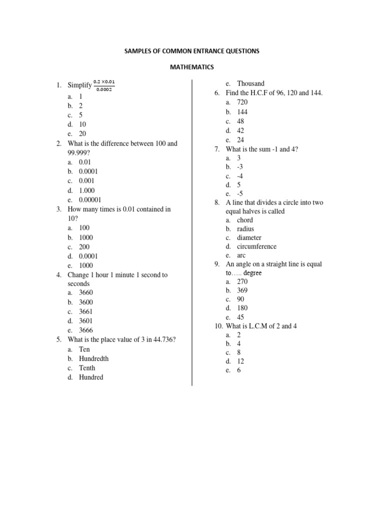 Common Entrance Exam Sample Questions | PDF