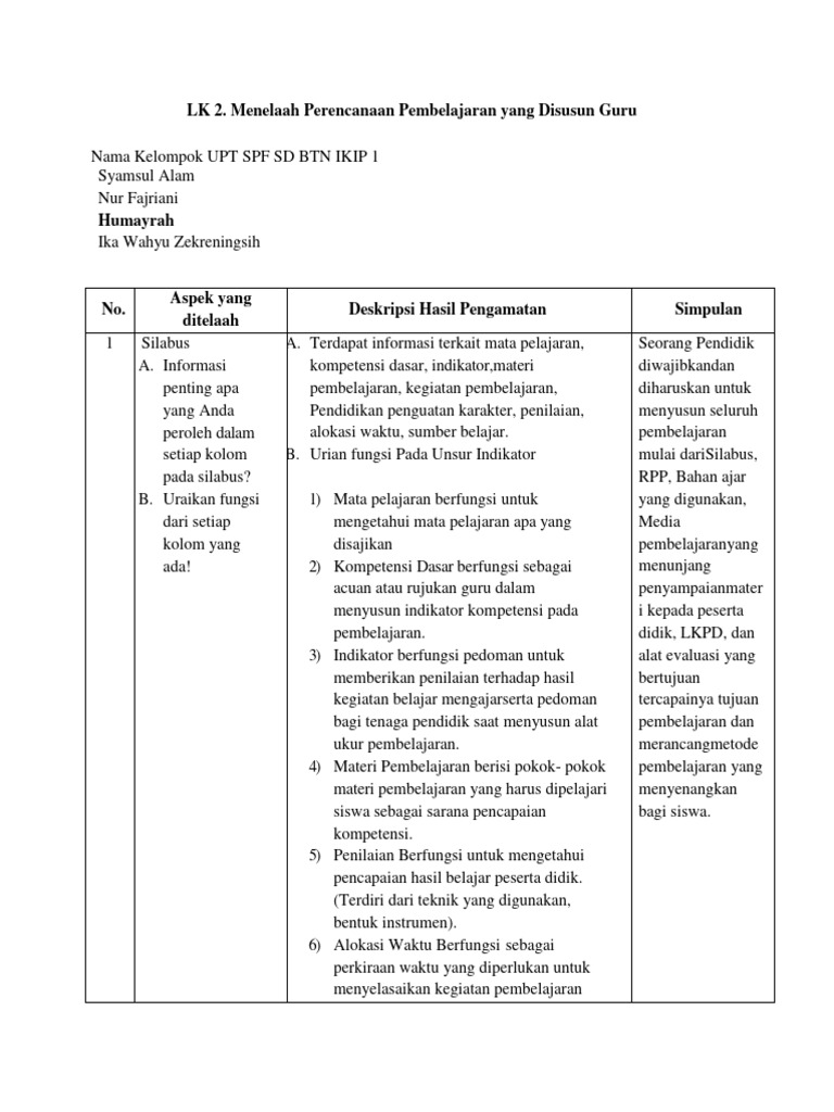 LK 2. Menelaah Perencanaan Pembelajaran Yang Disusun Guru | PDF