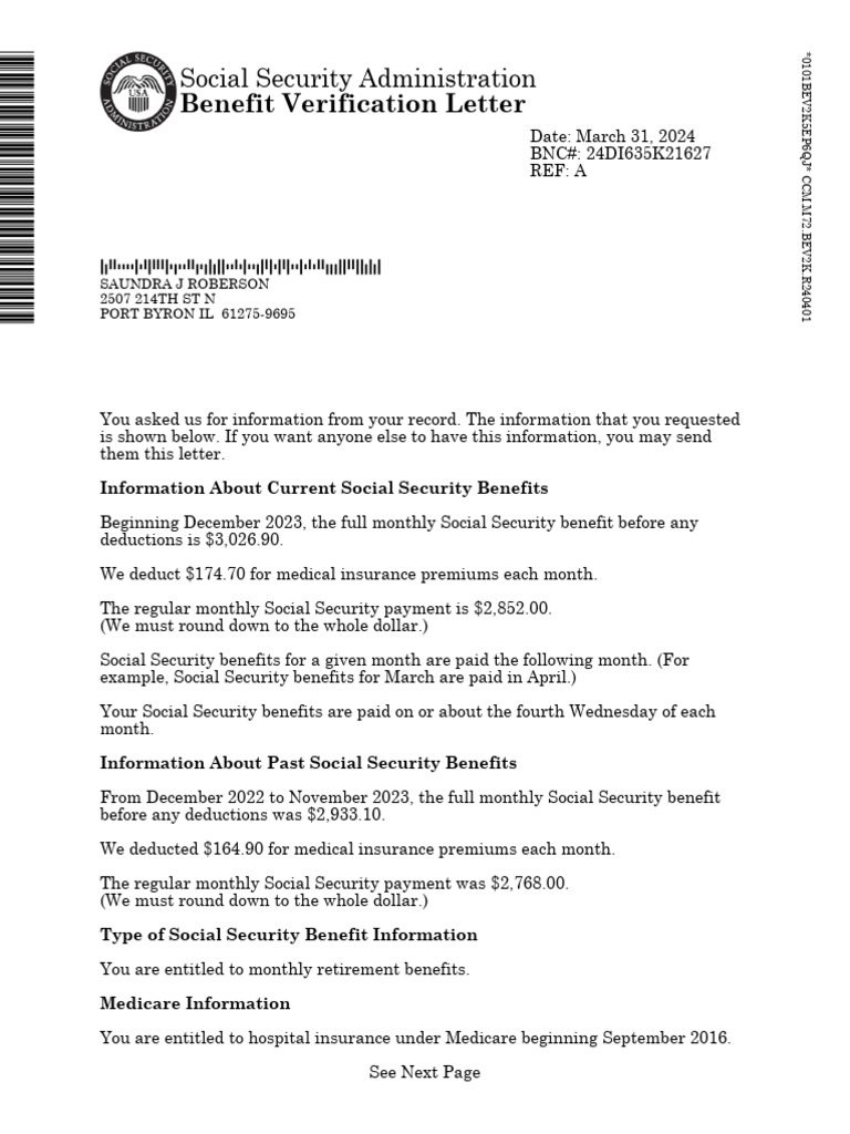 Benefit Verification Letter | PDF | Social Security Administration ...