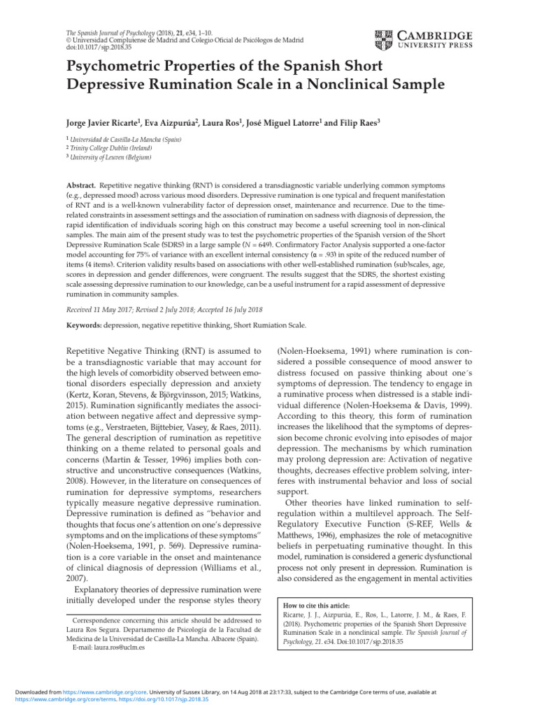 The Spanish Short Depressive Rumination Scale | PDF | Mental Health ...