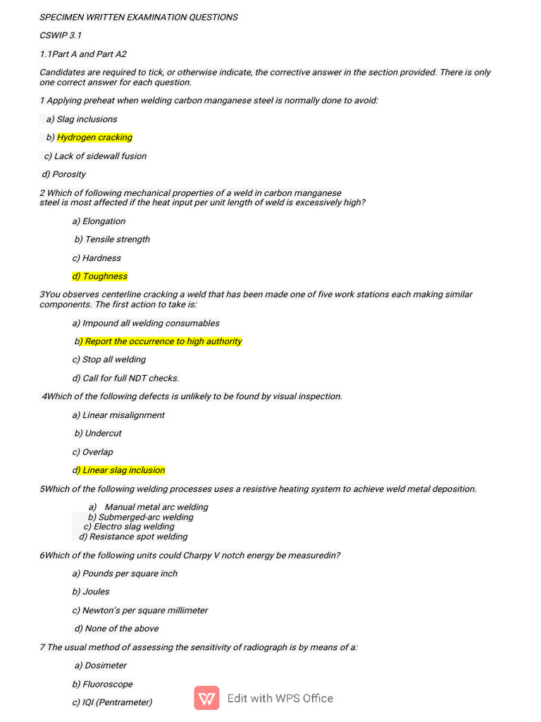 CSWIP 3.1 Exam Sample Questions | PDF