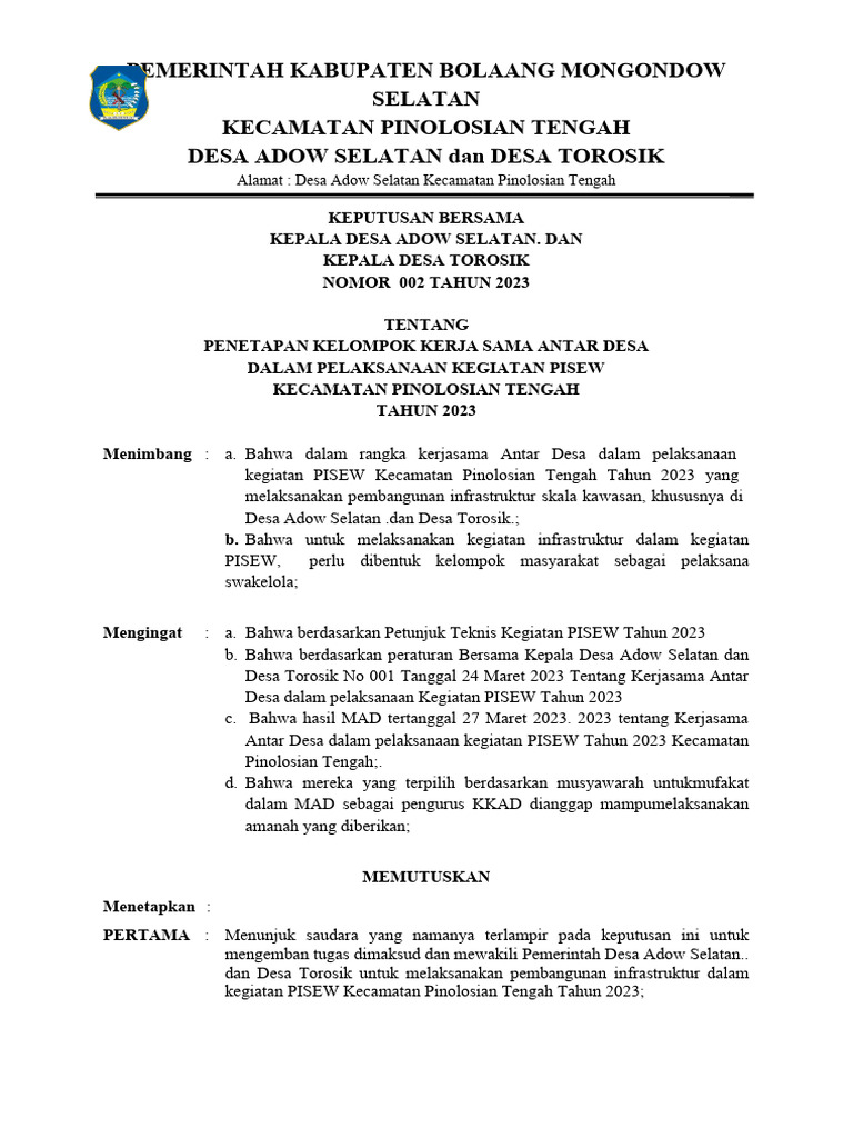 Format 2.12 SK Bersama 2 Kades TTG Penetapan KKAD | PDF
