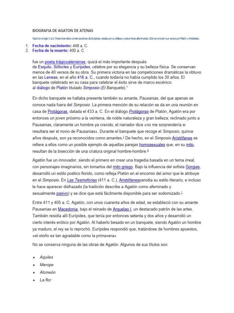 Biografía de Agatón de Atenas | PDF | Antiguedad clasica | Antigua Grecia