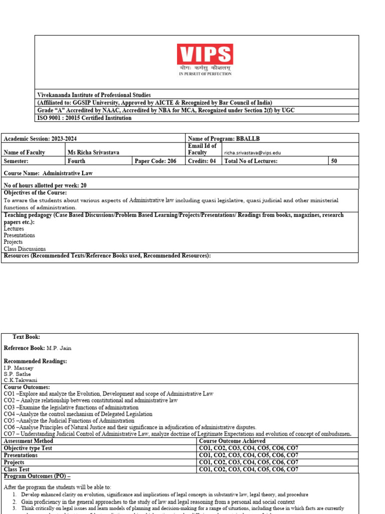 Admin BBA LLB lesson plan 2024-1 | PDF | Administrative Law | Tribunal