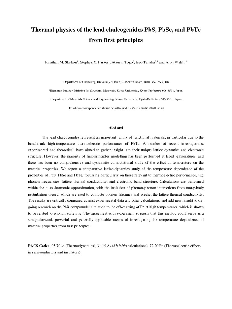 Thermal Physics of The Lead Chalcogenides PBS, Pbse, and Pbte From ...