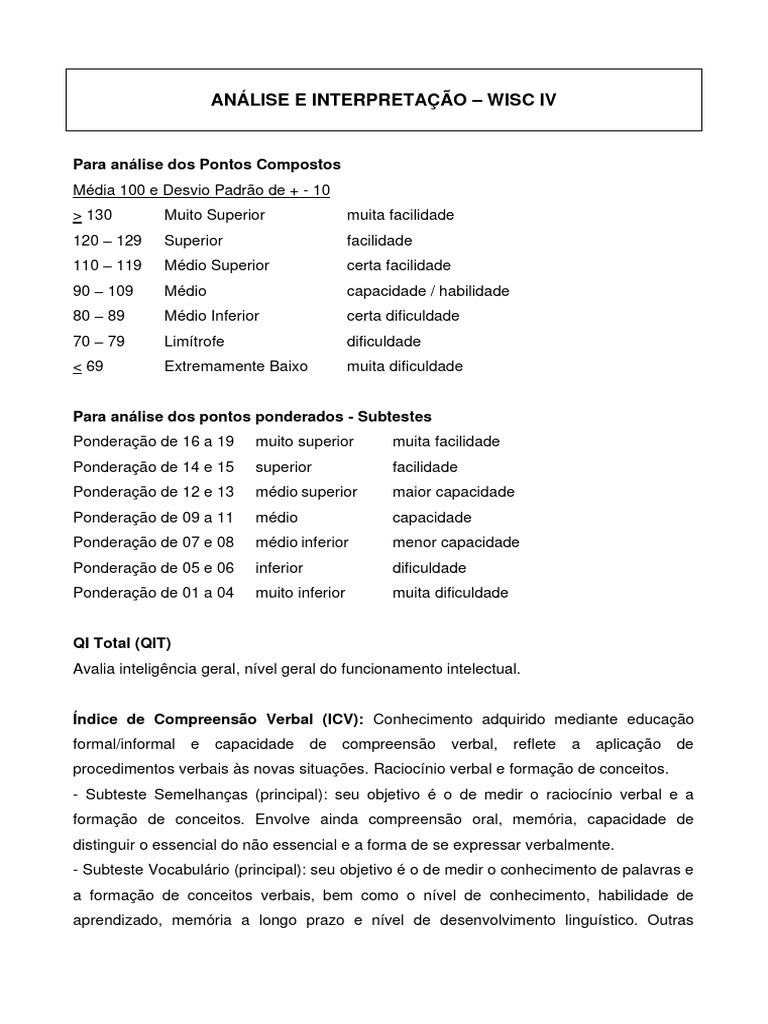 Interpretação de Resultados WISC IV | PDF