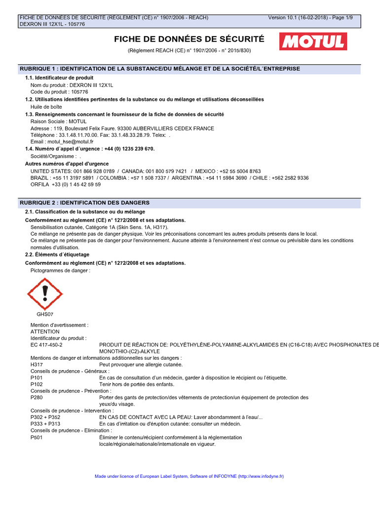 Fiche de sécurité DEXRON III 12X1L | PDF | Matière dangereuse | Peau