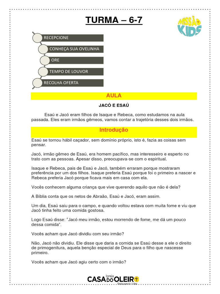 Jacó e Esaú - Turma 6 A 7 | PDF | Jacó | Isaac