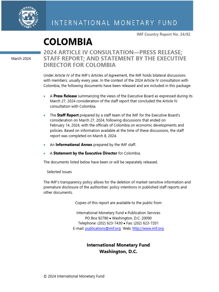 Informe completo FMI - Colombia 2024 | PDF | Gross Domestic Product | Fiscal Policy