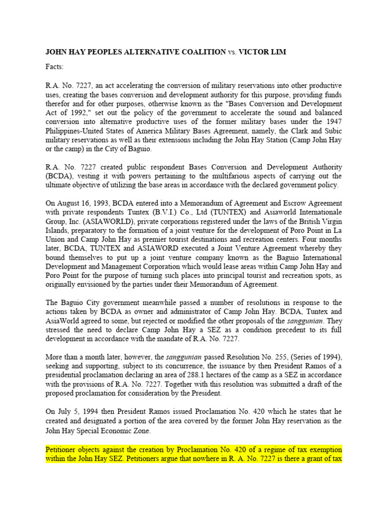 John Hay People's Alternative Coalition vs. Lim | PDF | Taxes | Tax ...