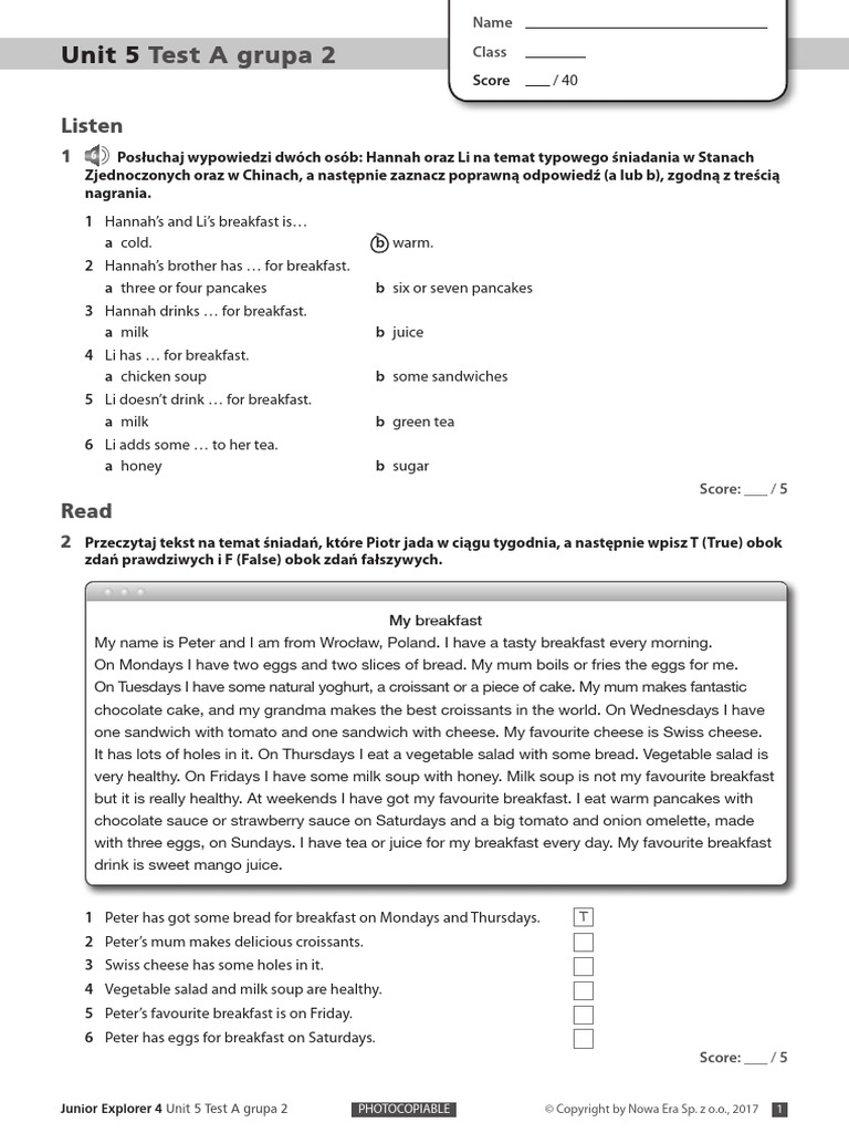 Unit 5 Test A Grupa 2 | PDF | Pancake | Meal