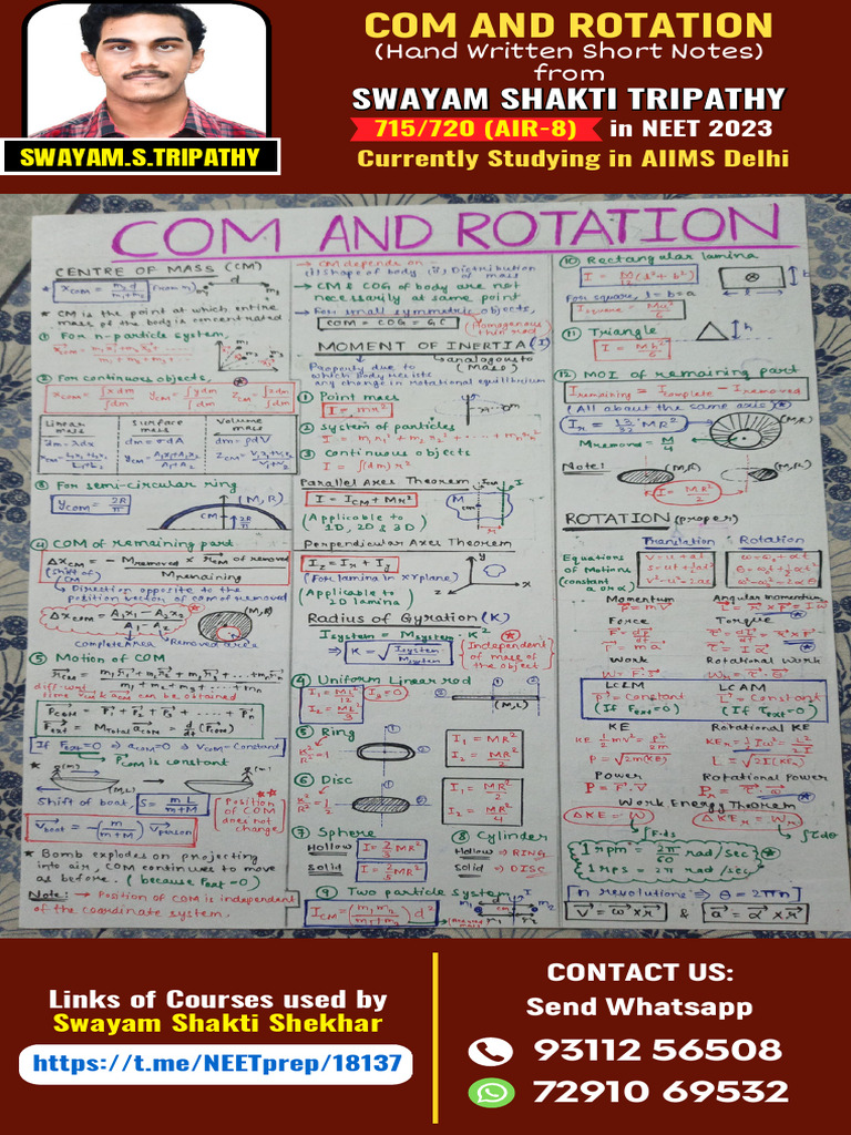 Rotational Motion Short Notes From Swayama (AIR 8 NEET 2023) | PDF