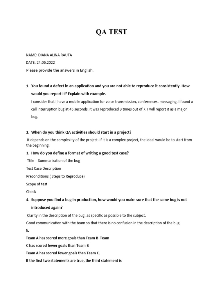 Qa Test Answers By Diana Rauta Pdf