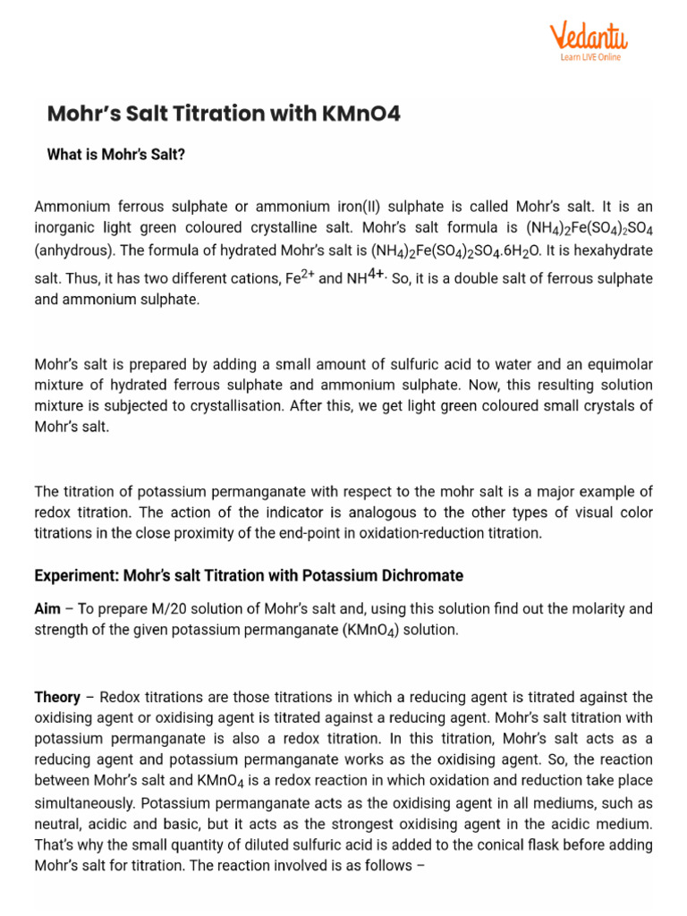 Mohr's Salt Titration With KMnO4 | PDF