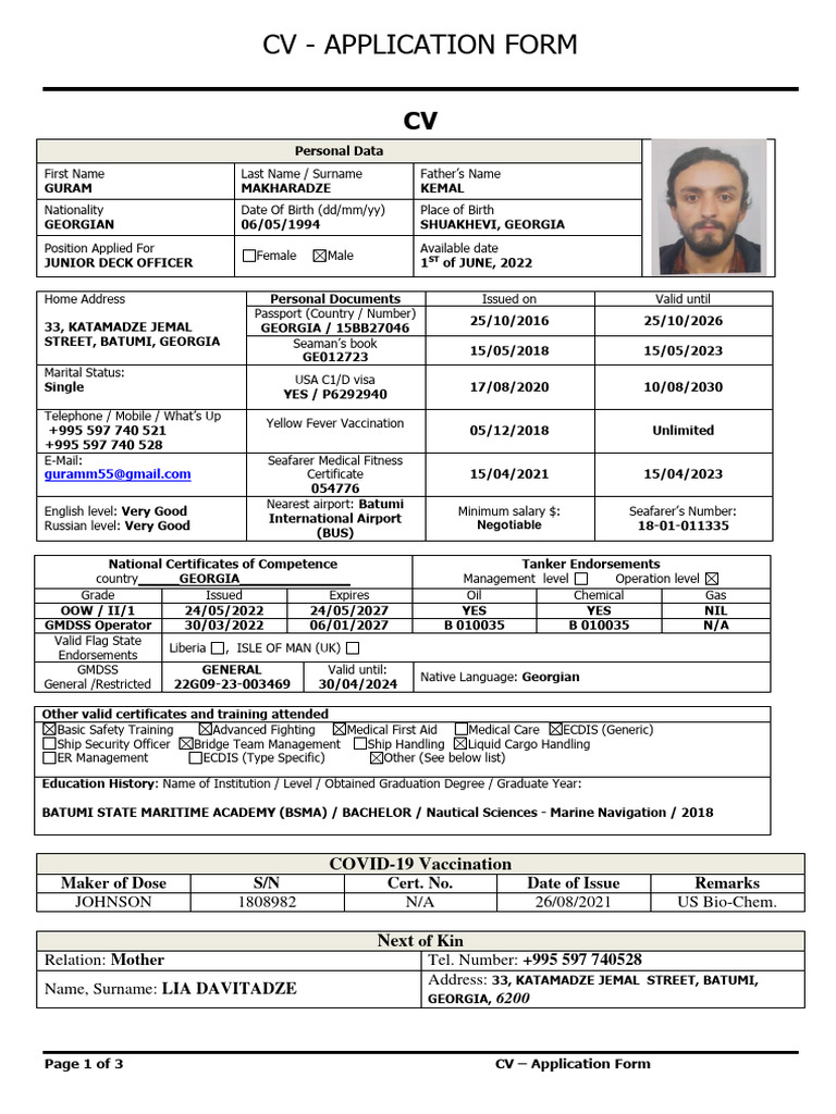 CV - Application Form - MAKHARADZE GURAM | PDF | Oil Tanker | Shipping