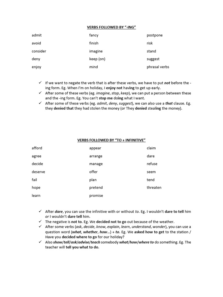 9. VERBS FOLLOWED BY -ING OR TO + INFINITIVE | PDF | Verb | Syntax
