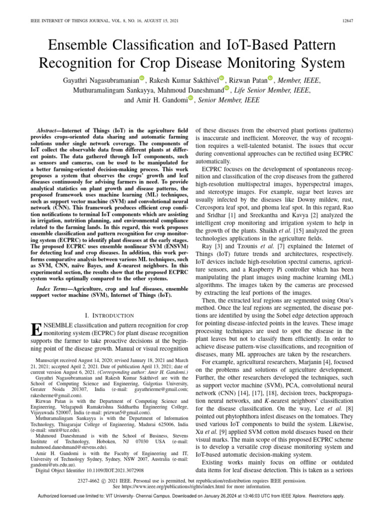 Ensemble Classification And Iot Based Pattern Recognition For Crop 2278