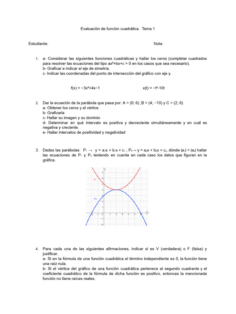 Evaluación de Función Cuadrática Tema 1 | PDF | Análisis matemático | Conceptos matemáticos