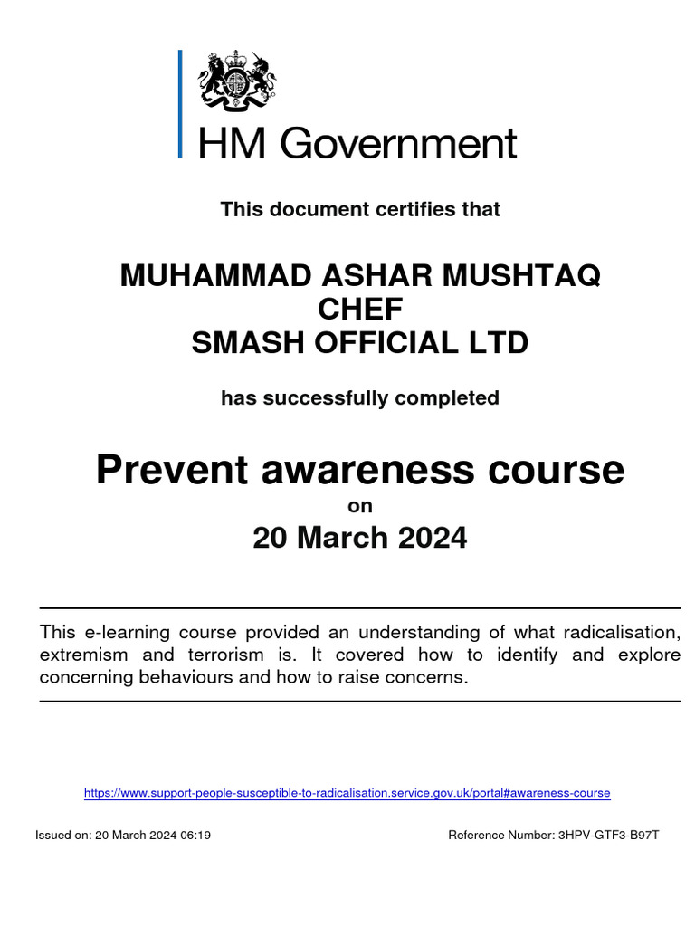 Chef Muhammad Ashar Mushtaq Course Completion | PDF