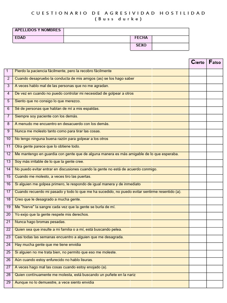 CUESTIONARIO DE AGRESIVIDAD HOSTILIDAD | PDF