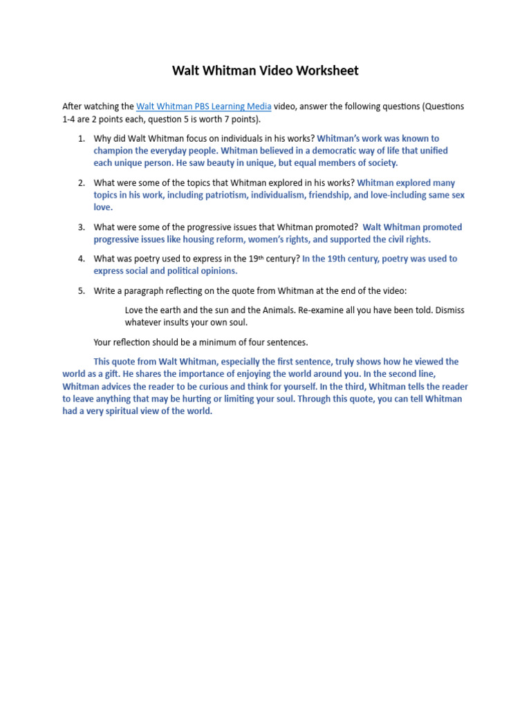 Walt Whitman Video Worksheet. Completed | PDF | Walt Whitman