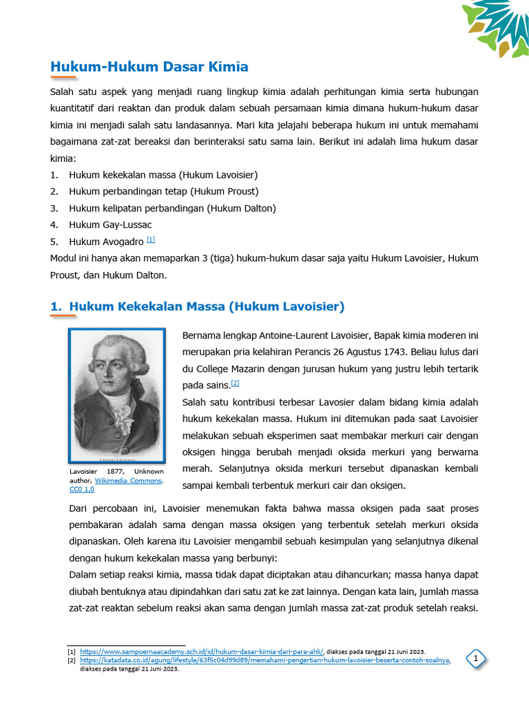 Modul Pembelajaran Hukum-Hukum Dasar Kimia_removed | PDF