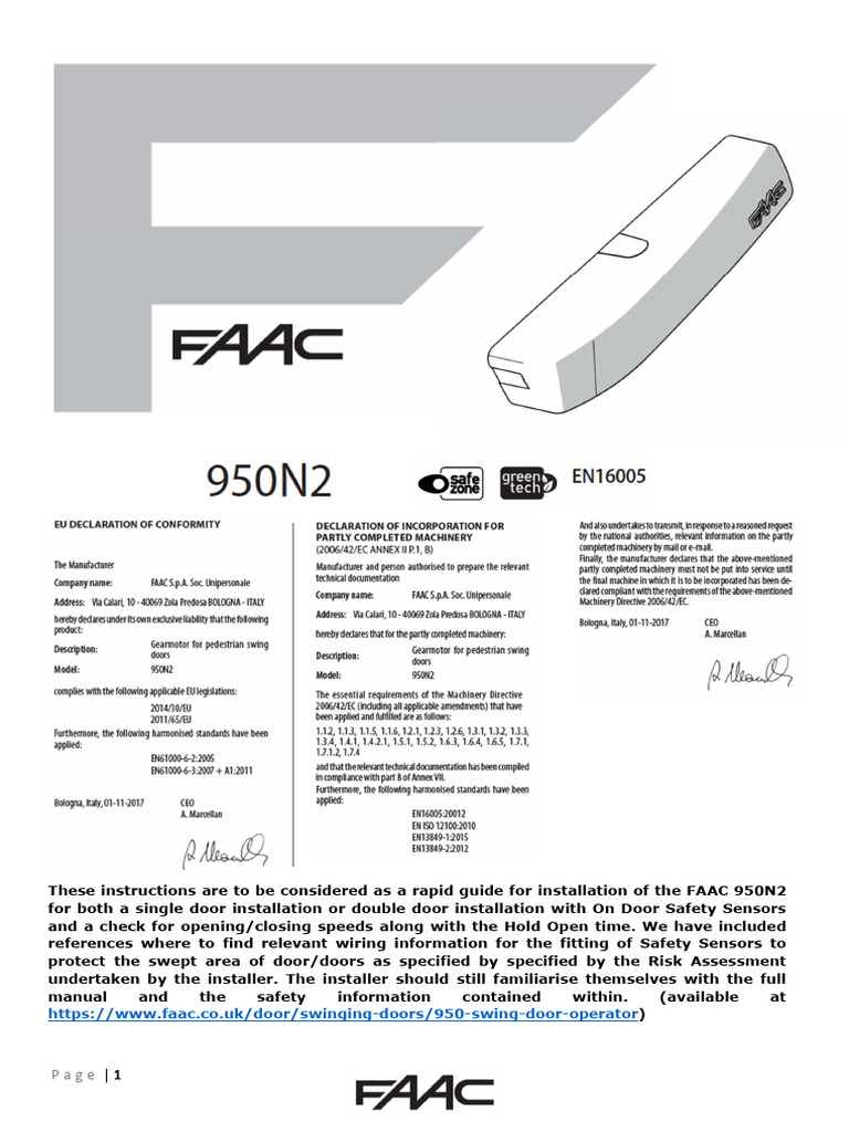 FAAC 950N2 Installation Guide | PDF | Door | Equipment