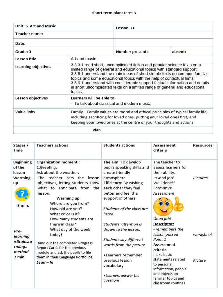 Grade 3 Art and Music Lesson Plans | PDF | Learning | Teachers