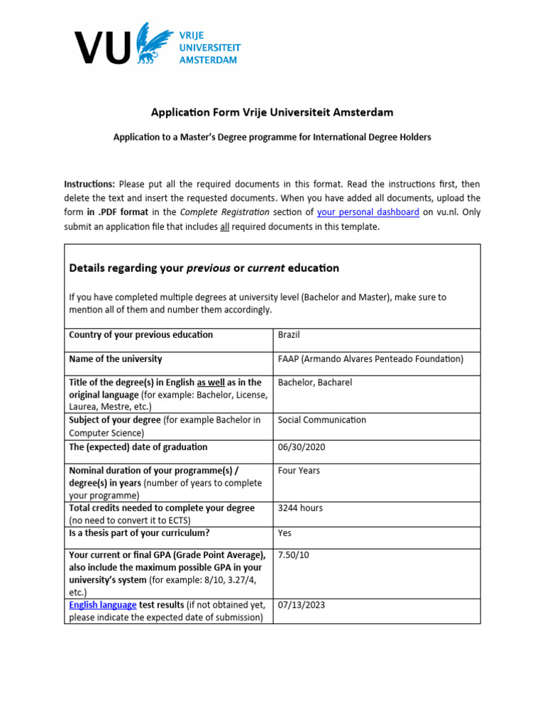 Master’s Application Form VU Amsterdam | PDF | Brand | Academic Degree