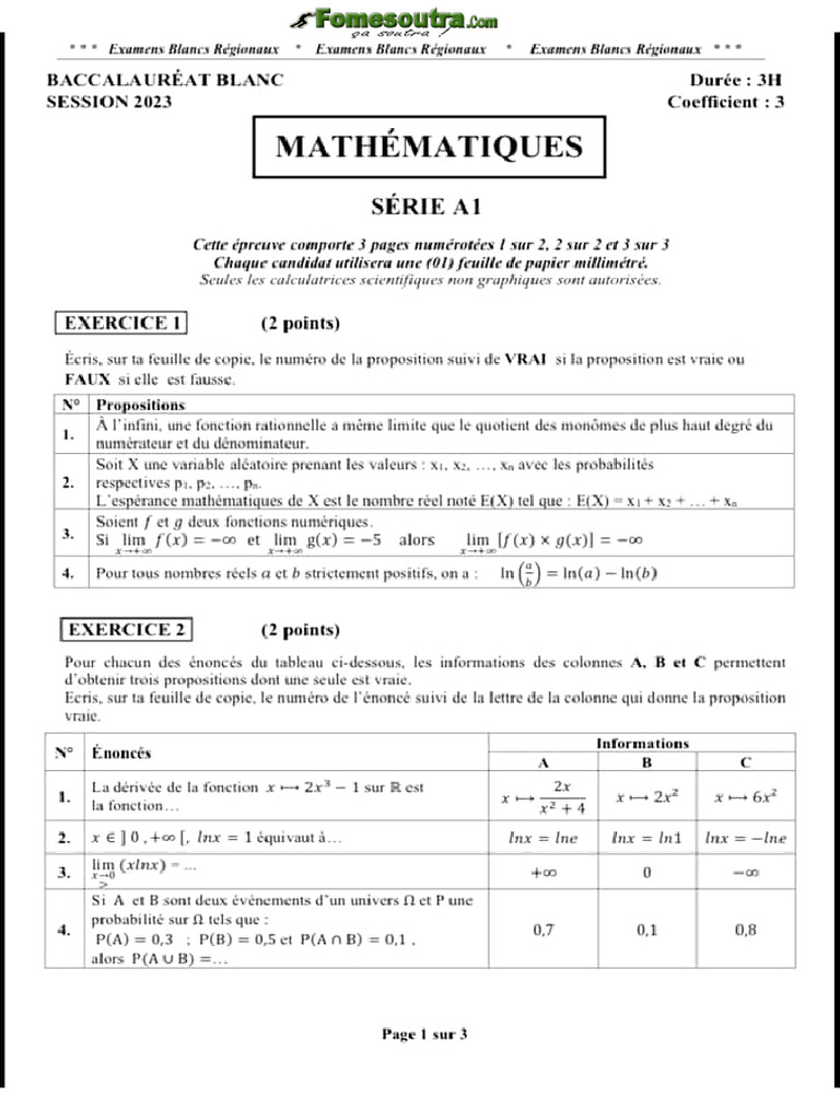 Bac Blanc 2023 Maths Série A1&2 Sujet+barème | PDF