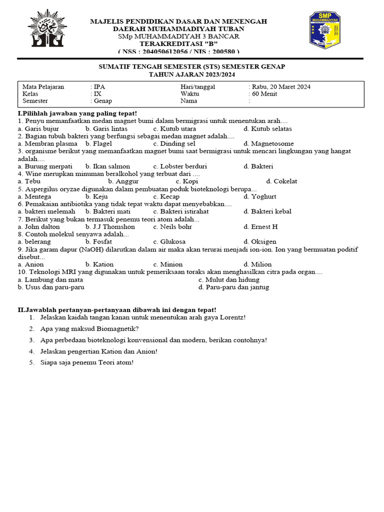 Sumatif Tengah Semester Ipa Kelas 9 2024 | PDF