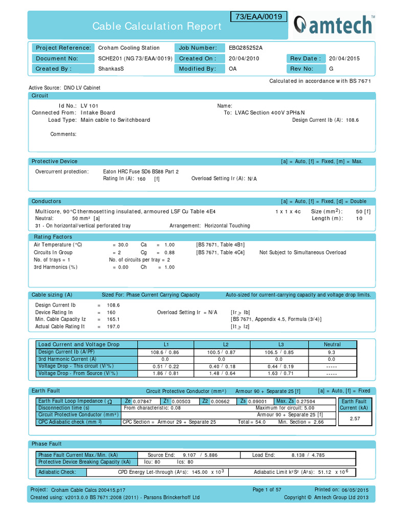 Beddington To Rowdown - Cable Calculation Report - Croham Cooling Station - SHT 1 | PDF | Fuse ...