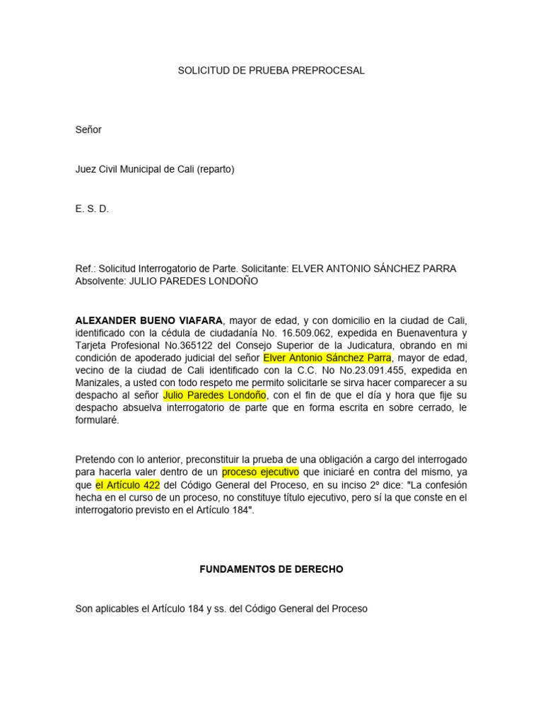 Solicitud de Prueba Preprocesal | PDF