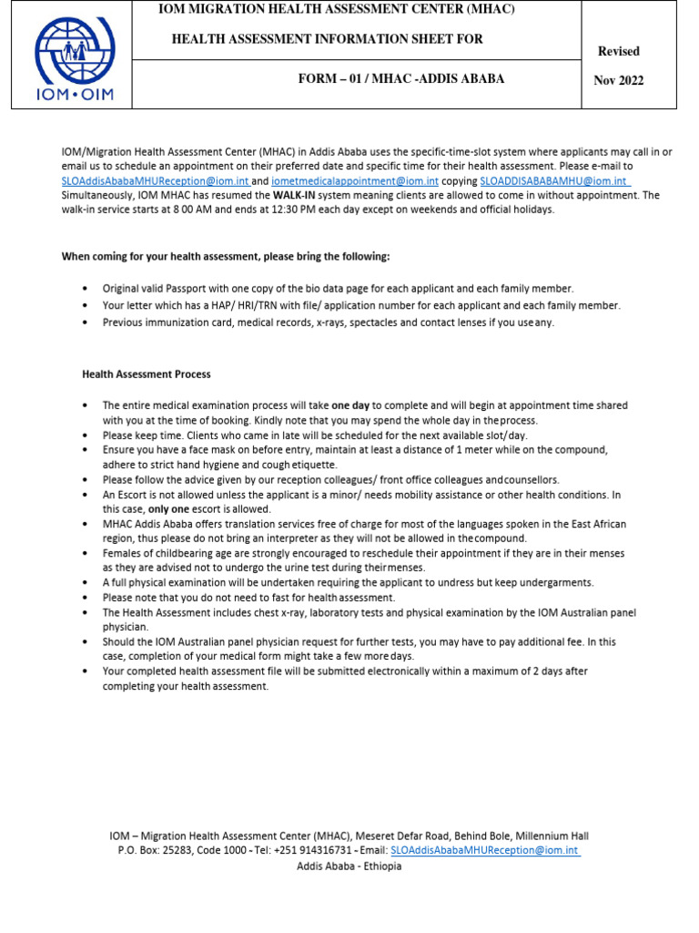 IOM Health Assessment Center Guide | PDF | Ethiopia | Medicine