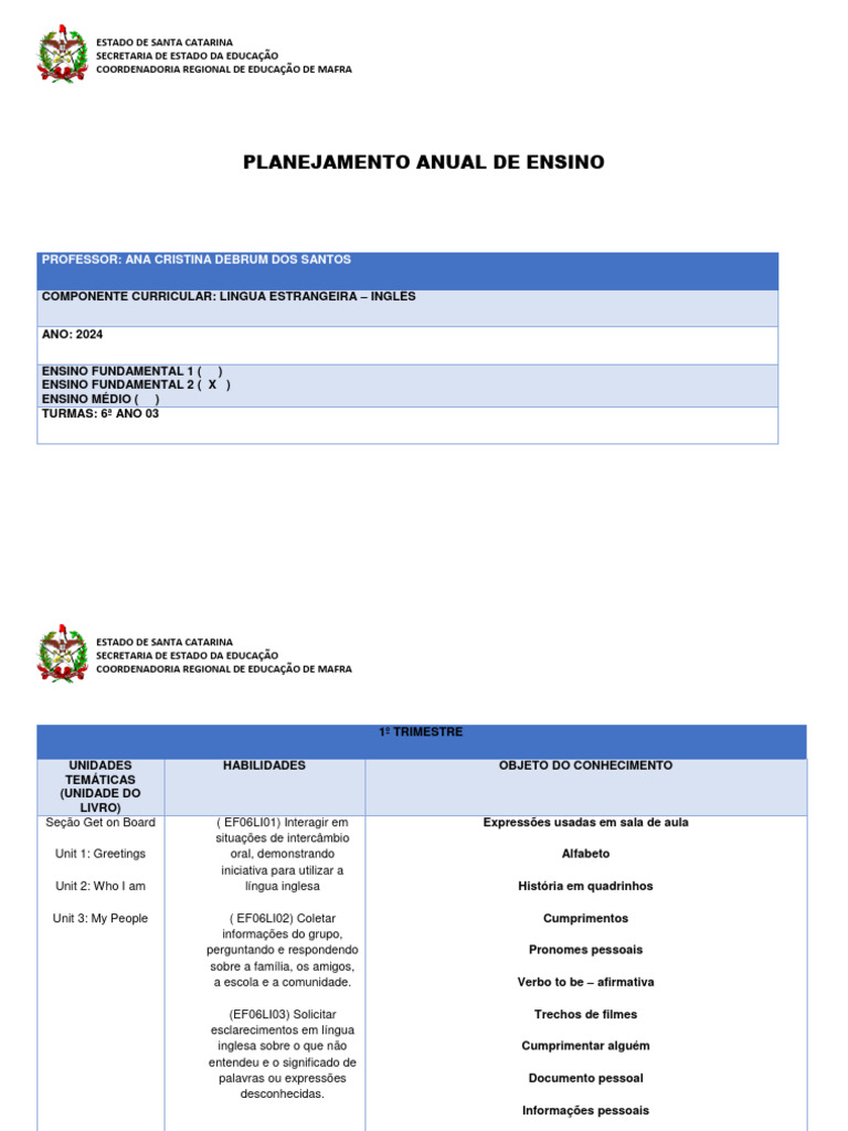 Plano Anual 6º Ano Inglês Pdf Estado Brasil 6802