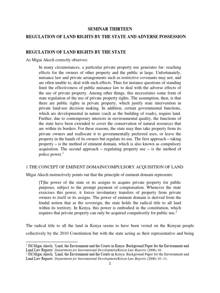 Seminar 13 - Regulation of Land by The State and Adverse Possession ...