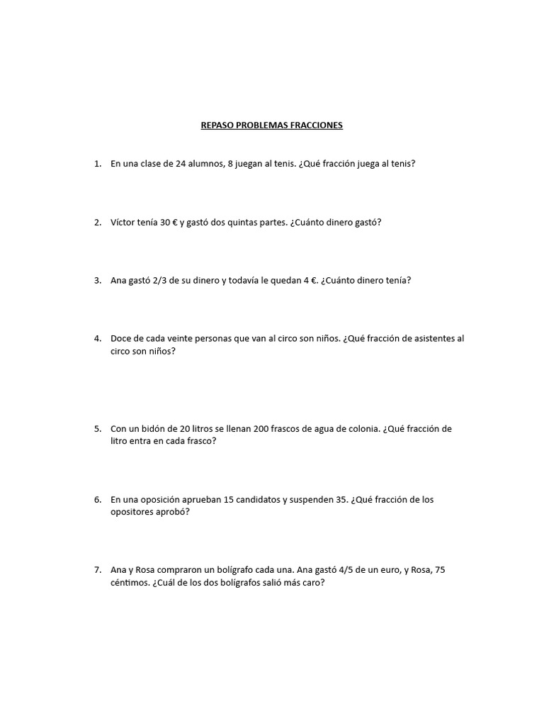 Repaso Problemas Fracciones | PDF