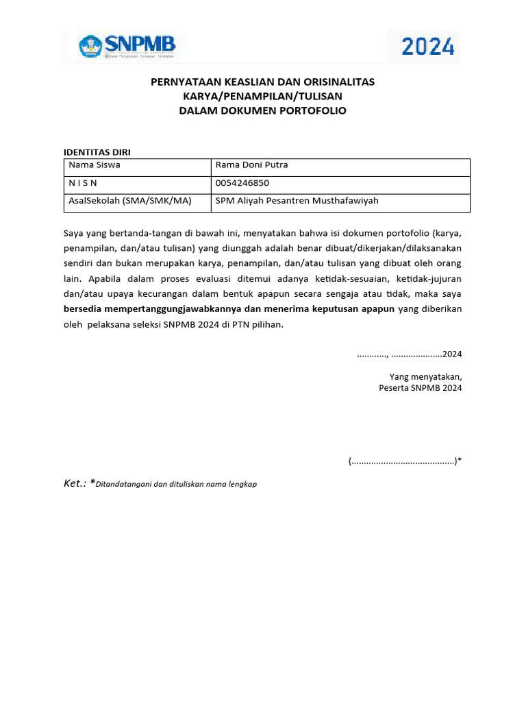 00 Final TEMPLATE PERNYATAAN PESERTA (PORTOFOLIO 2024) | PDF