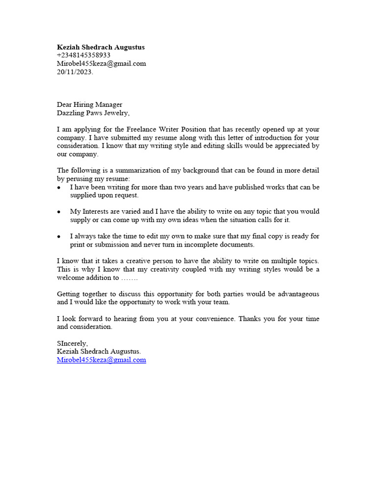 Freelance Writer Cover Letter Sample | PDF