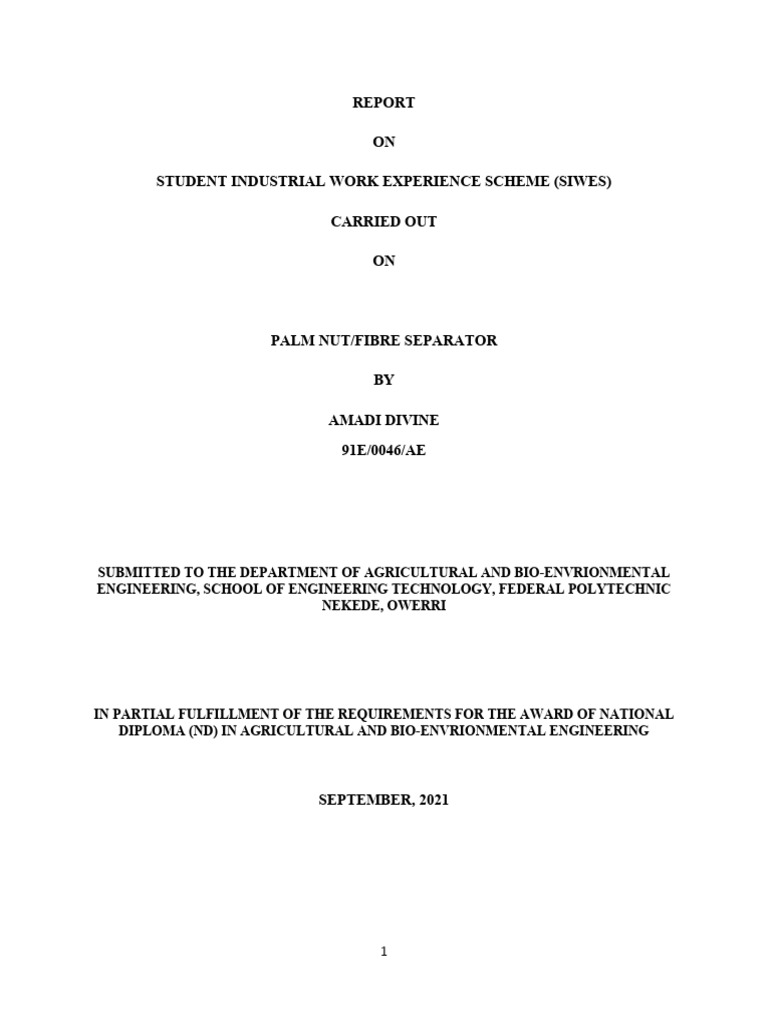 SIWES Report: Palm Nut Separator | PDF | Palm Oil | Mathematical ...