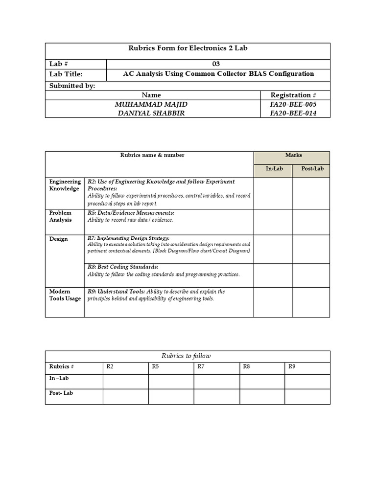 Rubrics Form For Electronics 2 Lab Lab 3 | PDF
