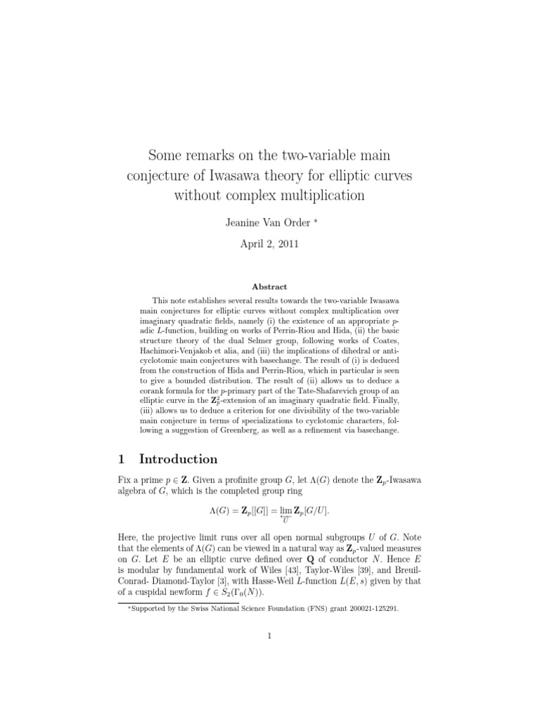 Jeanine Van Order Some Remarks On 2 Variable Main Conj Without CM | PDF | Summation | Field ...