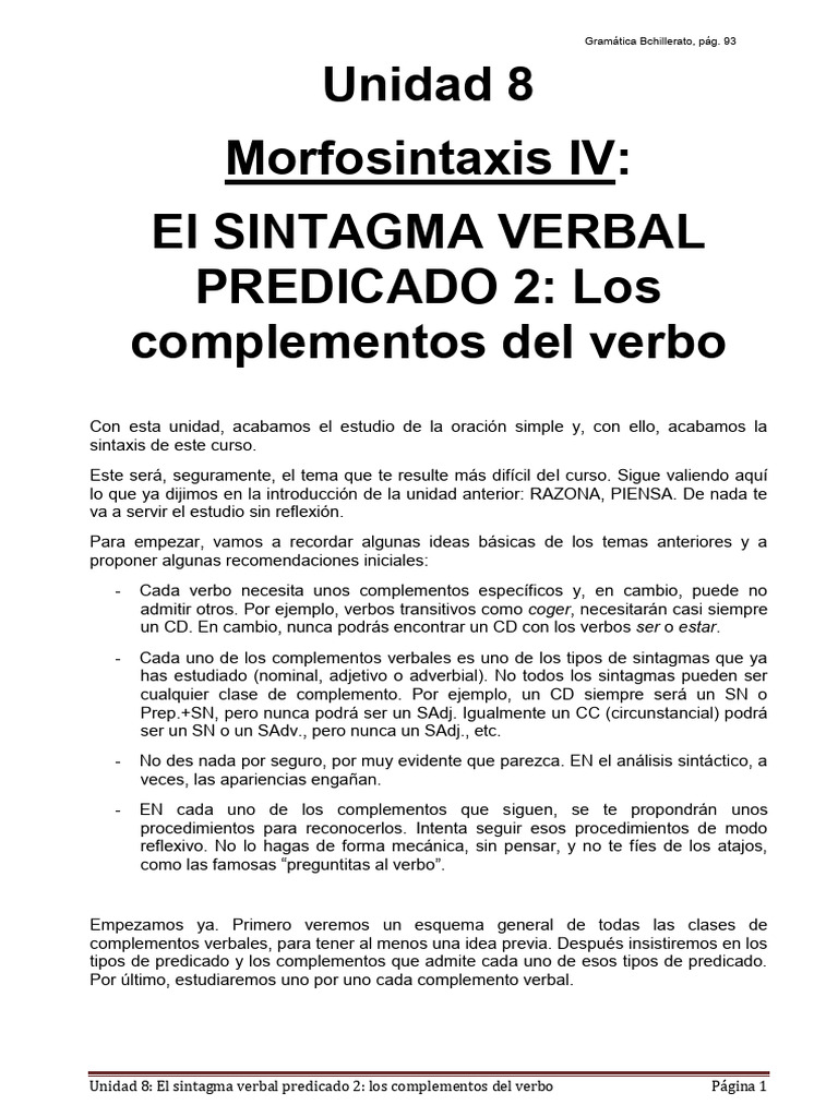 Morfosintaxis IV Complementos Verbo | PDF | Predicado (Gramática) | Verbo