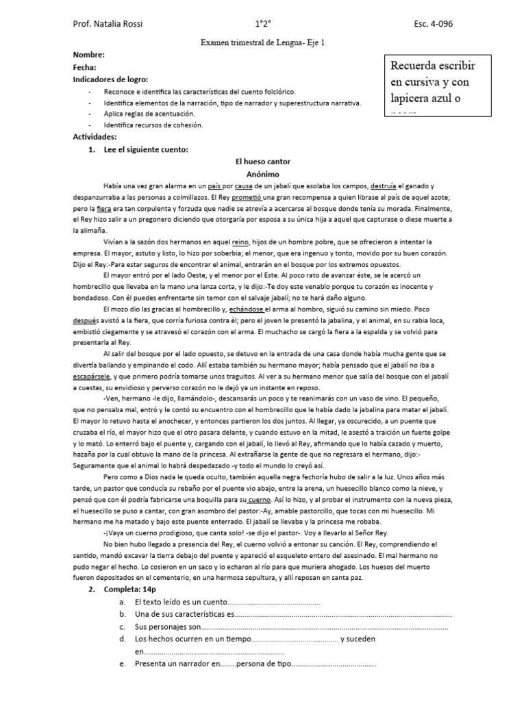 Examen de Cuento Folclórico y Narración | PDF