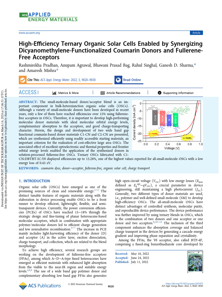 Pradhan Et Al 2022 High Efficiency Ternary Organic Solar Cells Enabled by Synergizing ...