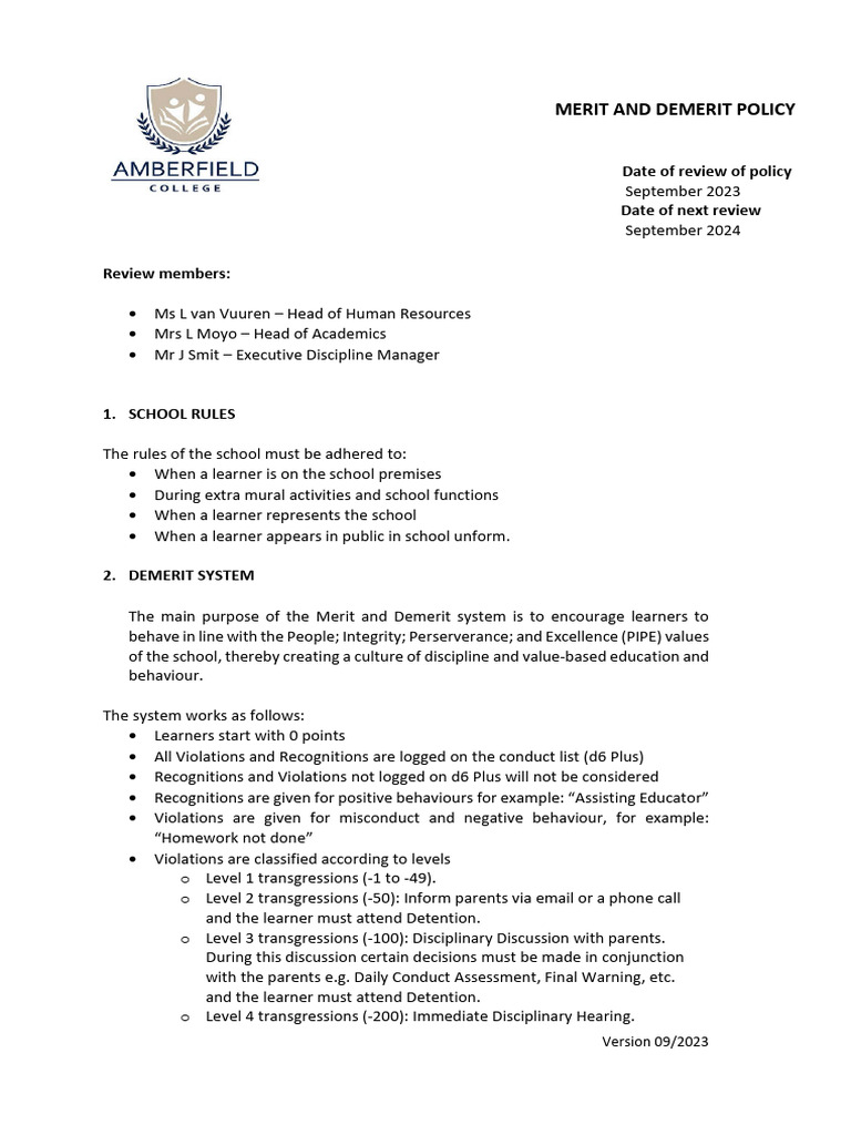School Merit and Demerit Policy | PDF | Learning | Justice