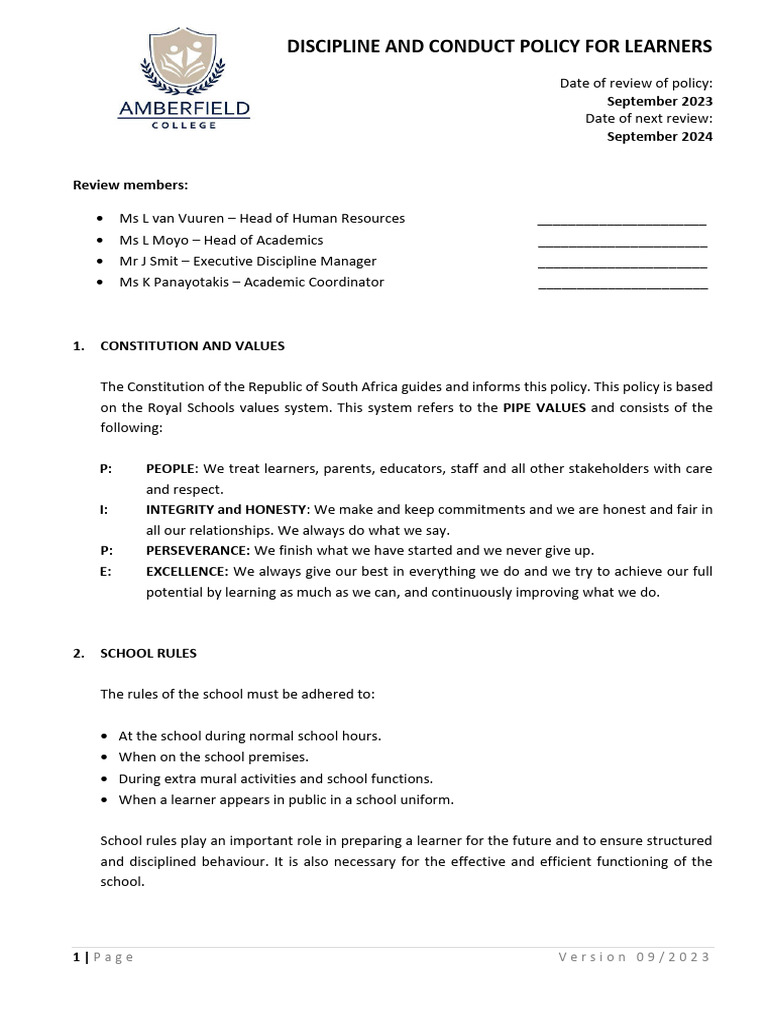 R16 - Discipline and Conduct Policy for Learners 2024 | PDF | Disciplines