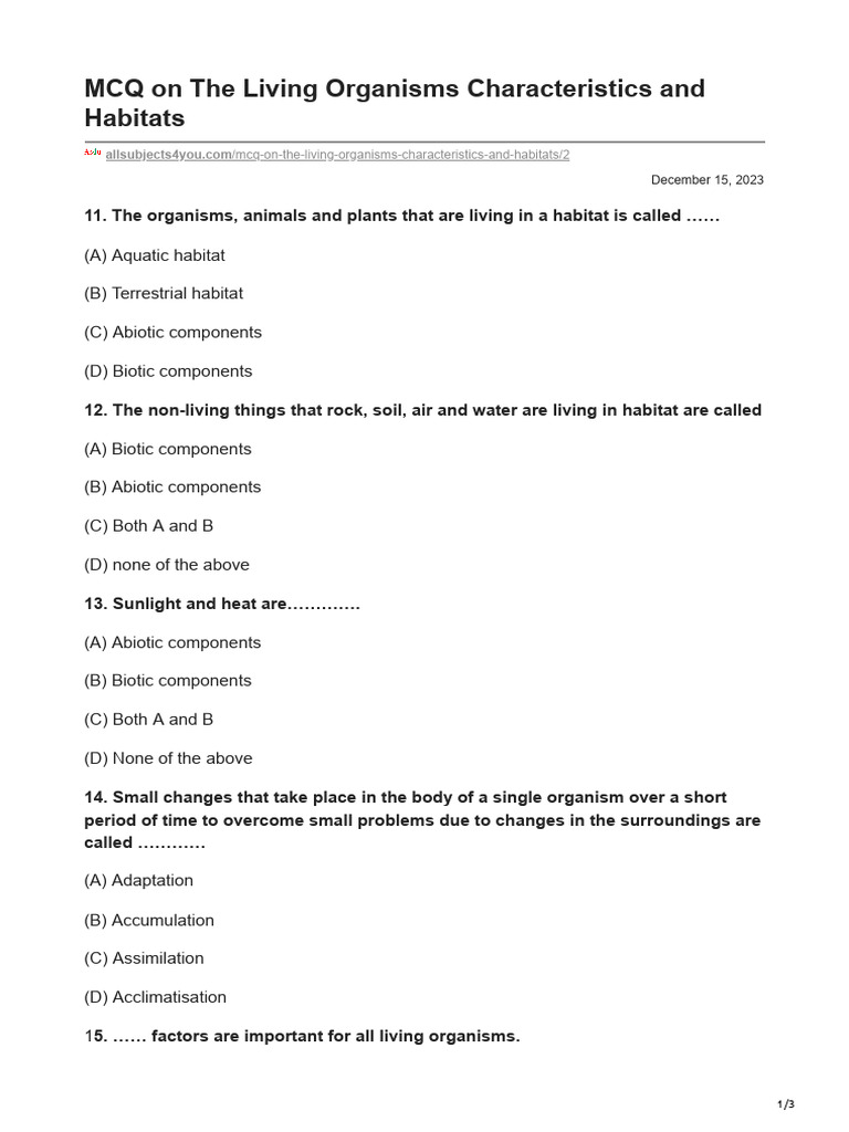 MCQ On The Living Organisms Characteristics and Habitats | PDF | Plants ...