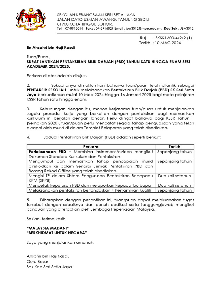 SURAT LANTIKAN PENTAKSIR PBS (1) | PDF