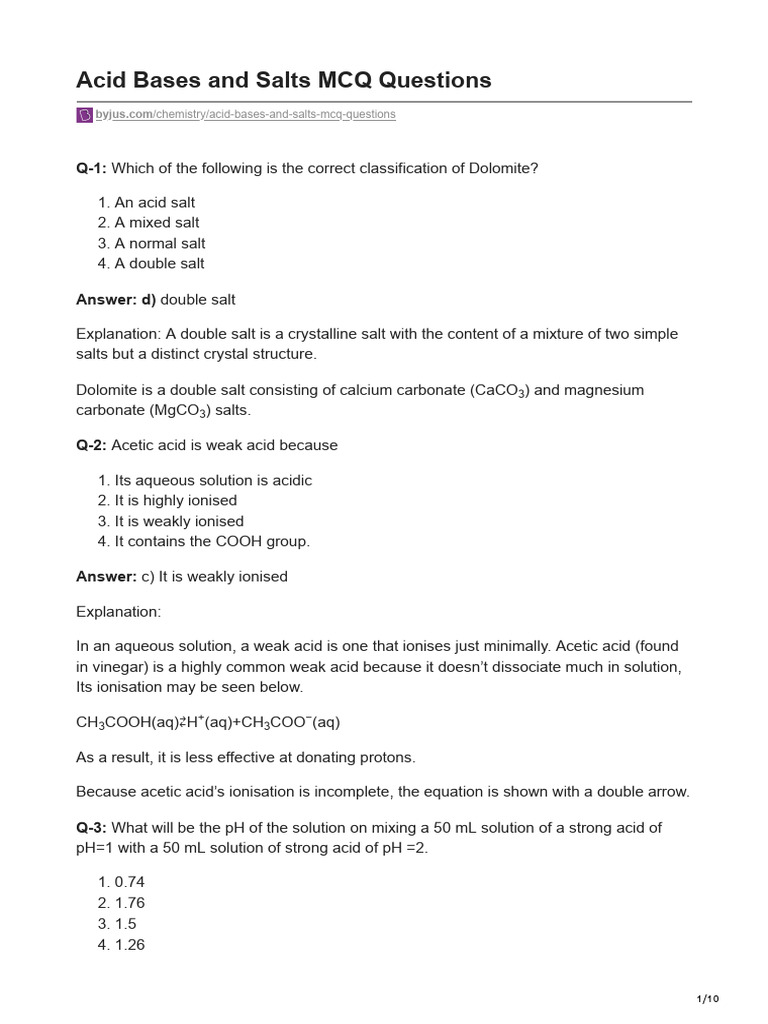 Acid Bases and Salts MCQ Questions | PDF | Acid | Ph